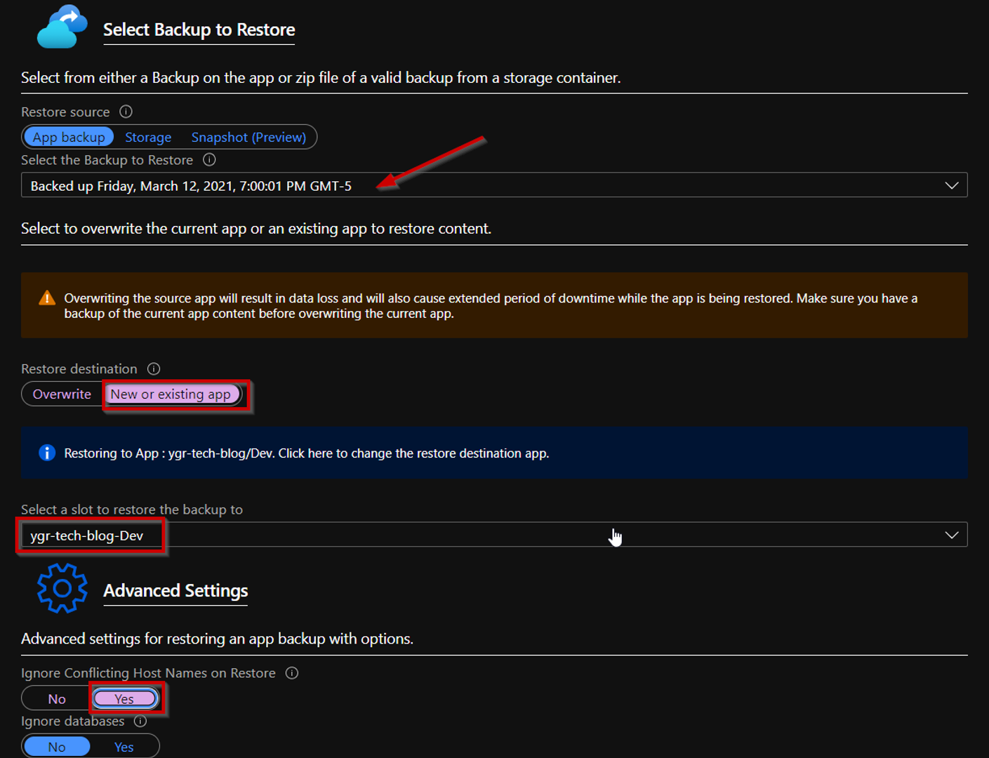 Wiederherstellen der Azure App Service MySQL In-App Datenbank